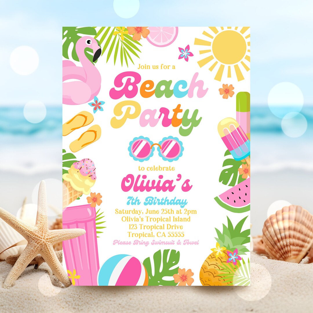 EDITABLE Beach Birthday Party Invitation Tropical Splish Splash Girly ...