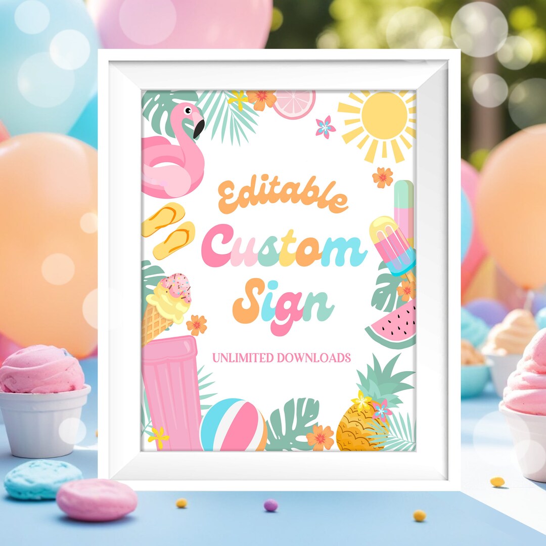 Editable Pool Party Custom Sign Pastel Tropical Splish Splash Girly ...