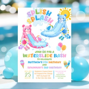 Editable Waterslide Birthday Party Invitation Blue Pink Water Slide ...