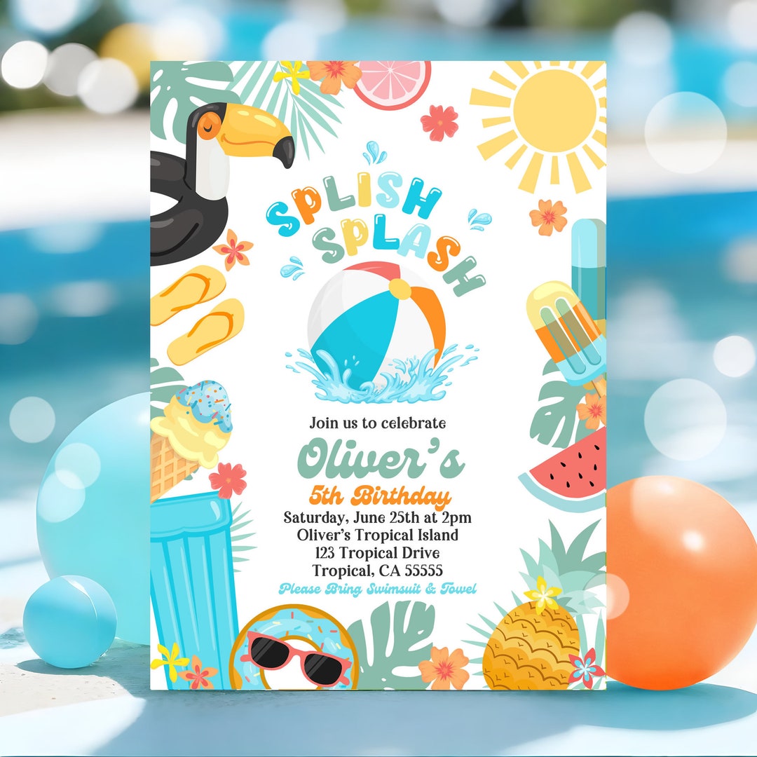 EDITABLE Tropical Splish Splash Water Birthday Party Invitation Boy's Splash Pad Water Slide ...