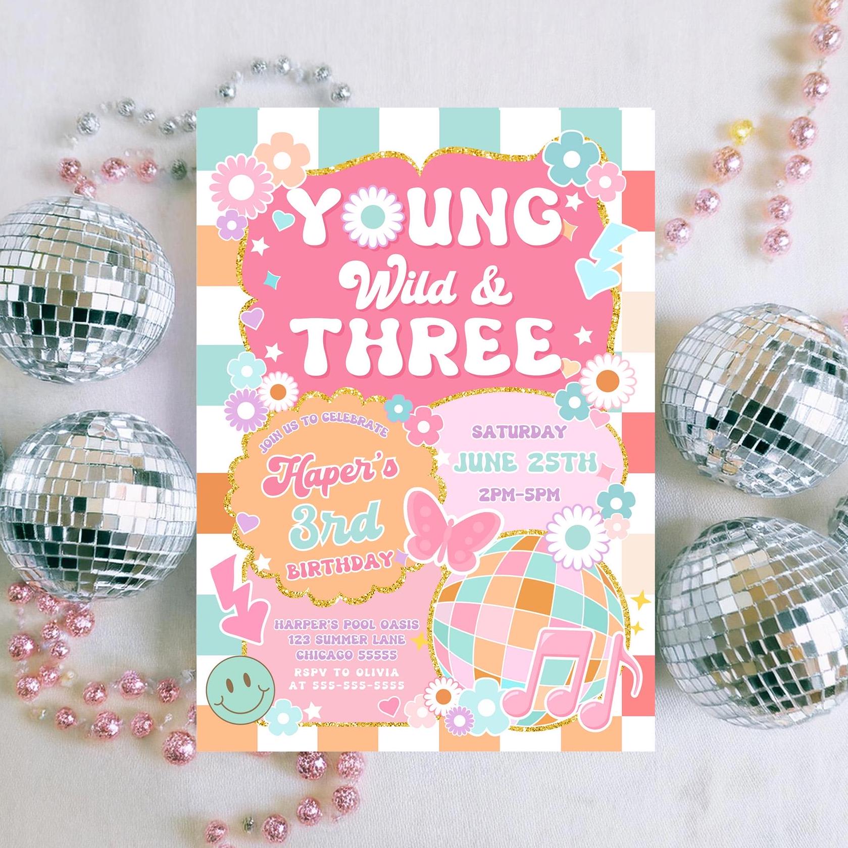 Editable Young Wild and Three Checkered Smiley Face Birthday Invite ...