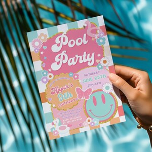 Editable Checkered Smiley Face Pool Party Birthday Invite Groovy Retro ...