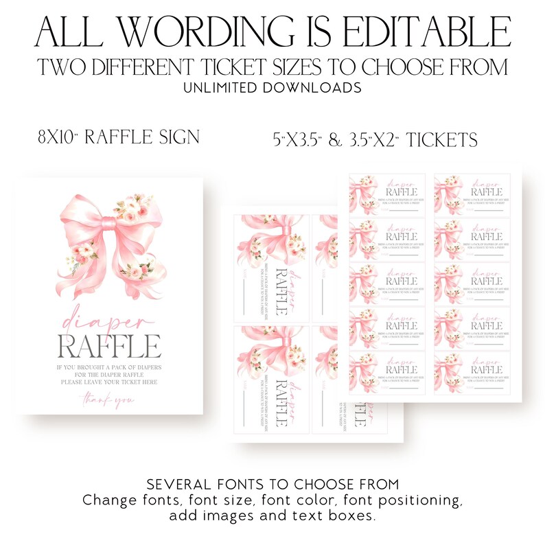 Pink Bow Diaper Raffle Card Pink Bow Baby Shower Diaper Raffle Sign ...