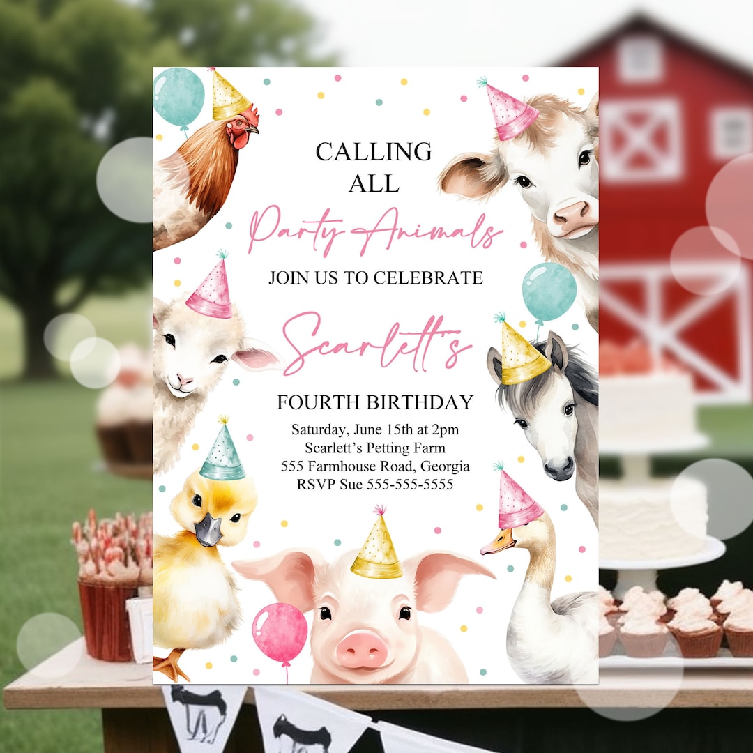 Editable Calling All Party Animals Farm Girl Birthday Invitation Pink ...