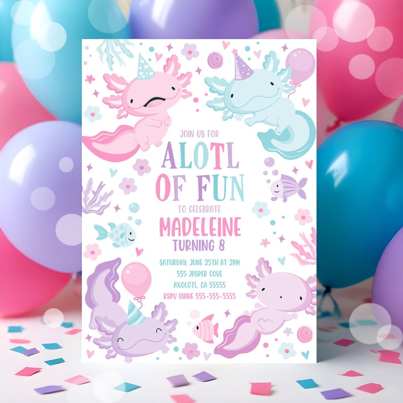 Editable Axolotl Birthday Party Invitation Cute Axolotl Lake Birthday ...