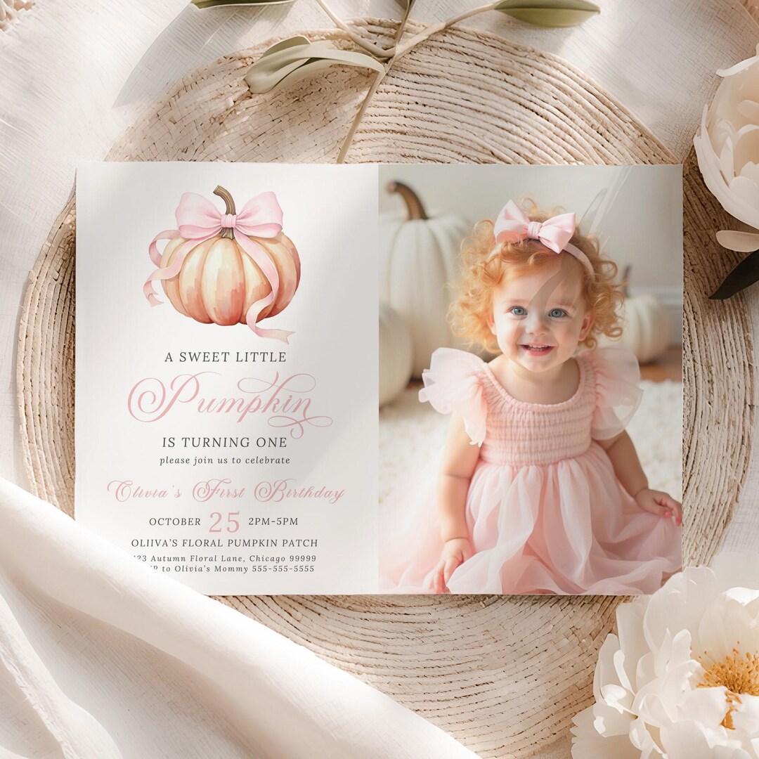 Minimalist Pumpkin Photo Invite Template Croquette Pink Bow Fall ...