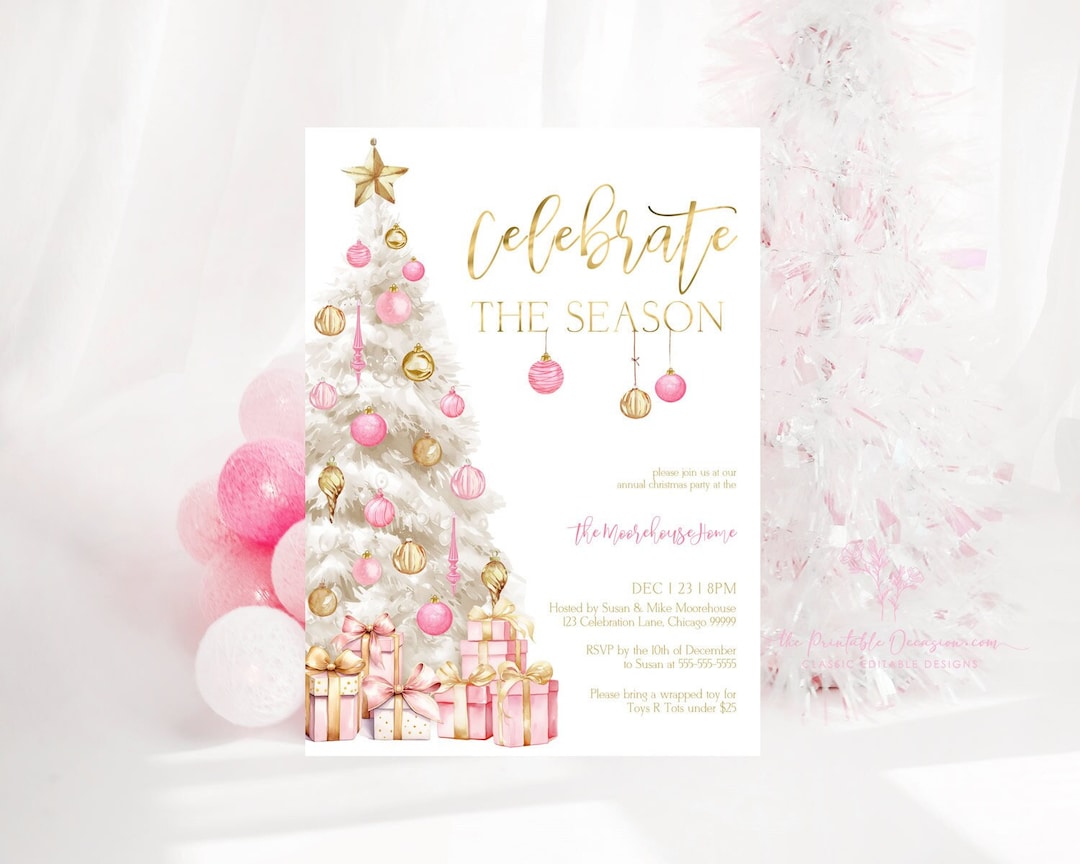 Printable Christmas Party Invitation, Pink and Gold Christmas Invite ...