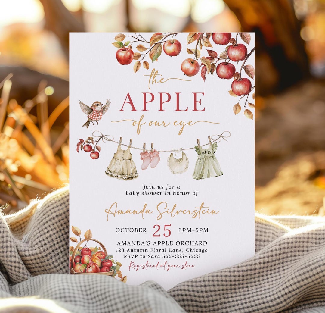 Girls Fall Apple Baby Shower Invitation Autumn Clothesline Invite Baby ...