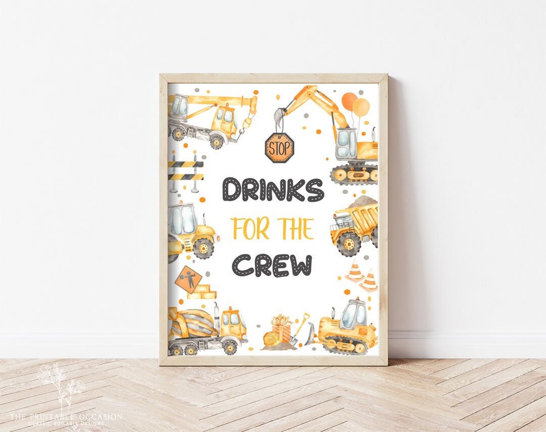 Construction Party Sign, Drinks for the Crew Birthday Party Sign ...