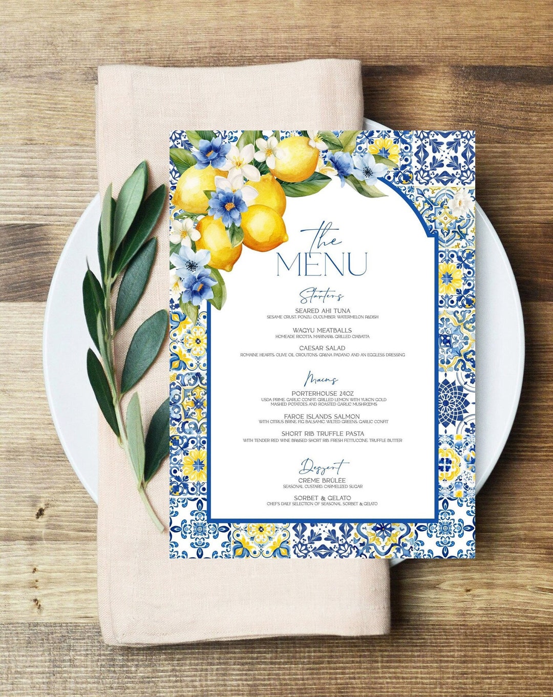 Blue Tiles Lemon Menu Template Italy Wedding Menu Printable ...