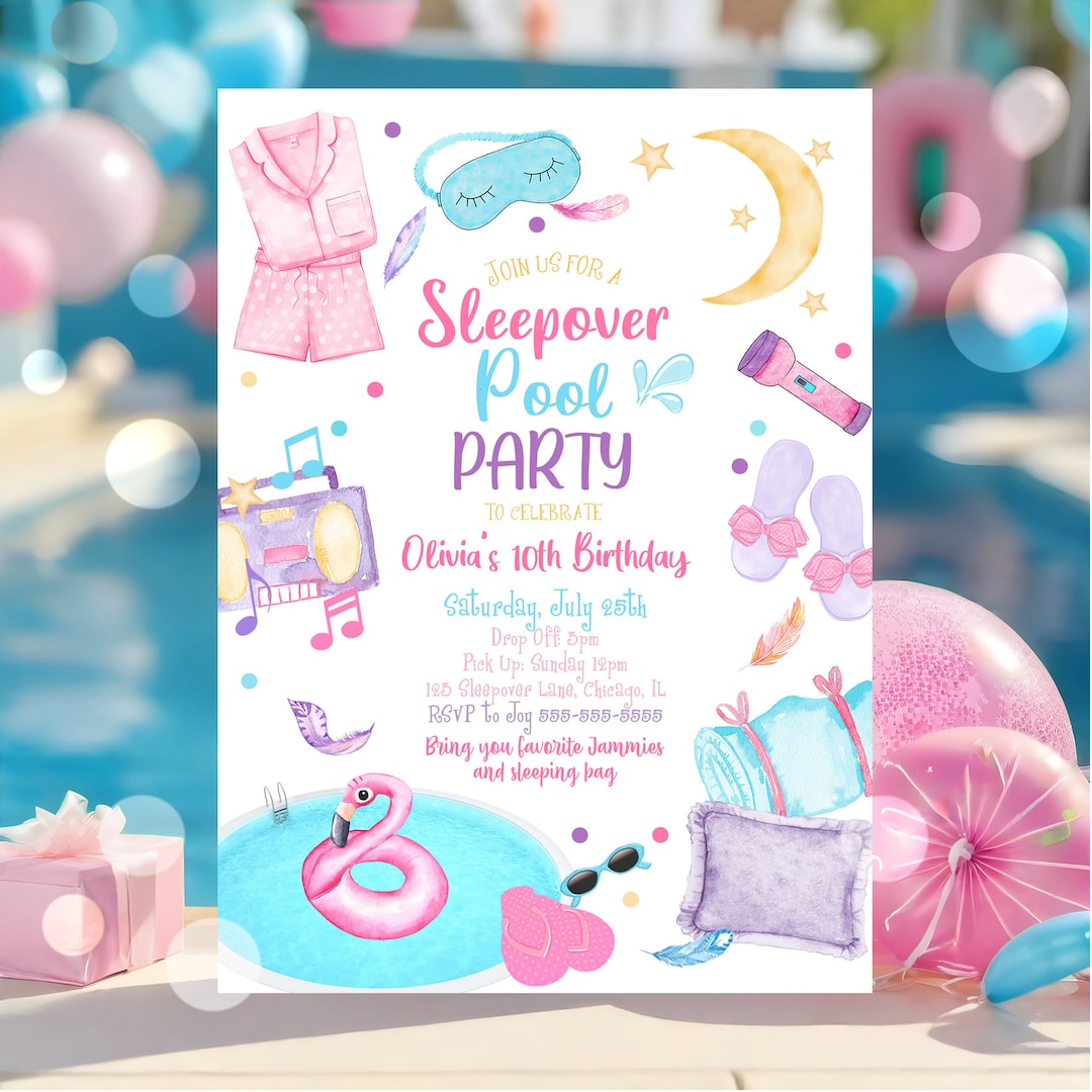 Slumber Pool Party Birthday Invitation Sleepover Swim Birthday Invite ...