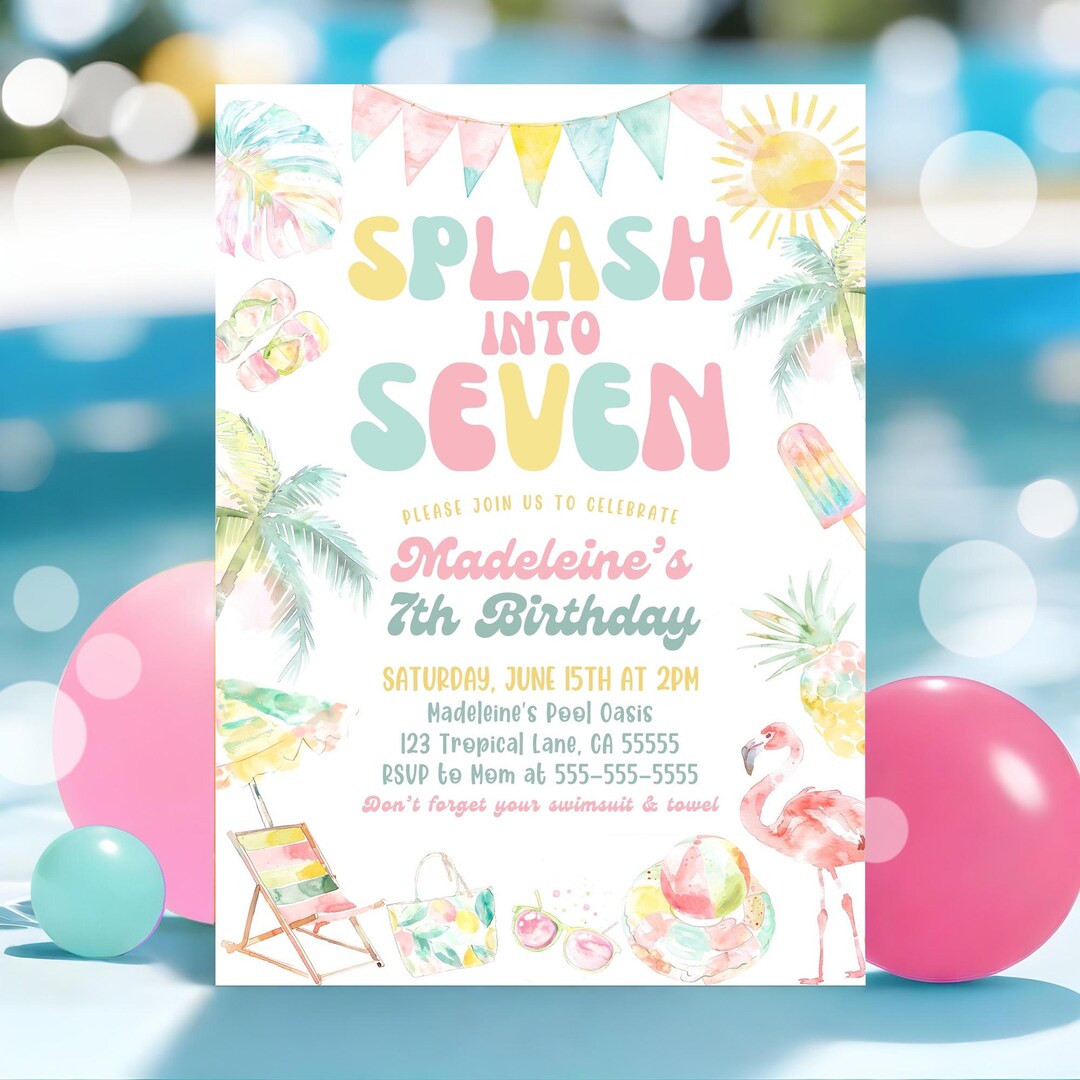 Editable Pastel Girl Pool Party Invitation Splash Into Seven 7th ...