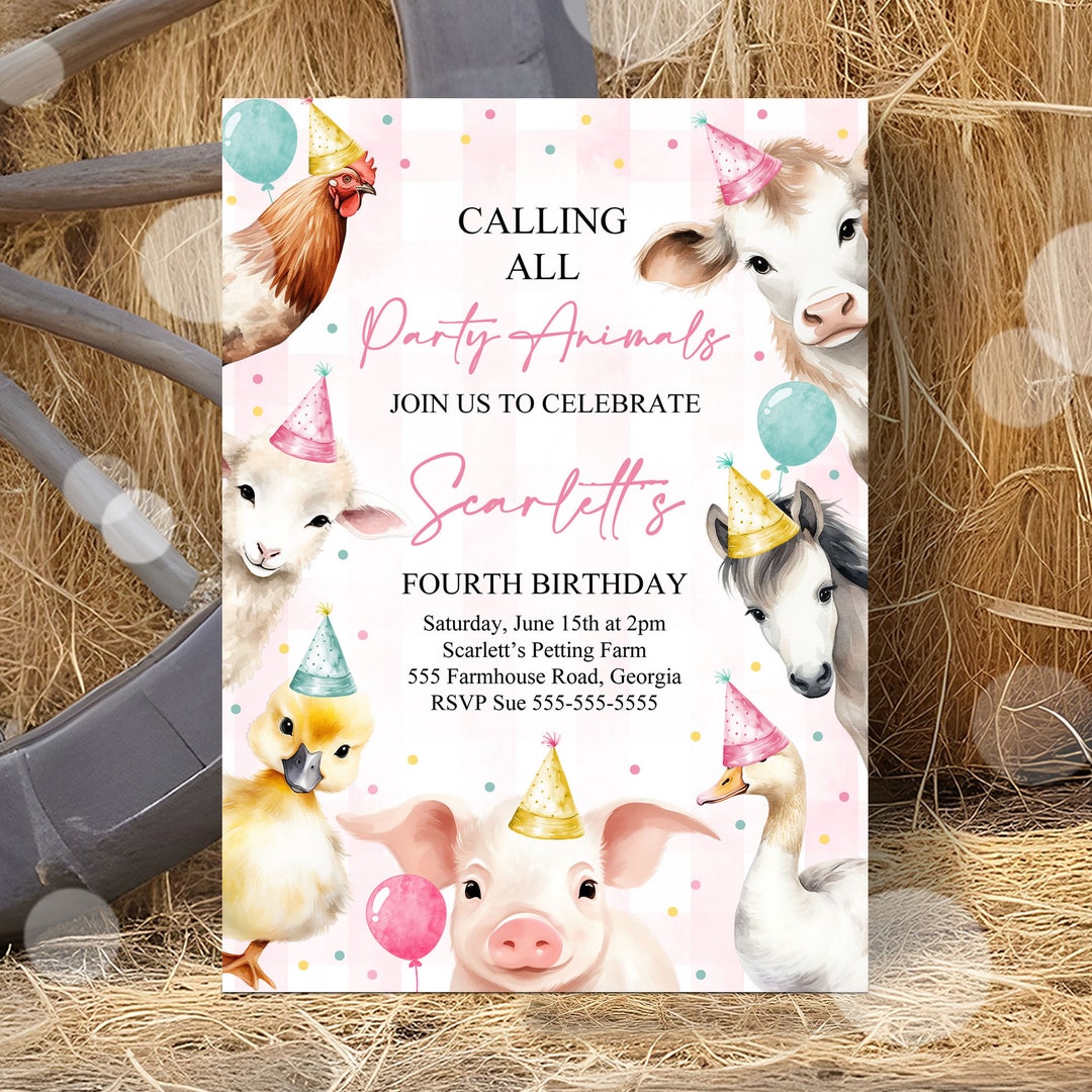 Editable Farm Animal Birthday Invitation Boho Girl Farm Calling All ...