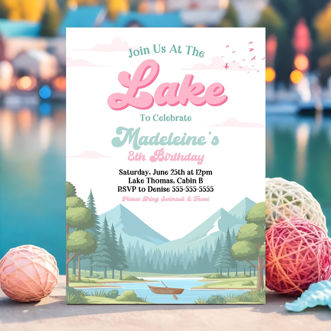 Girl's Lake Birthday Party Invitation Girl's Pink Boat Lake Birthday ...