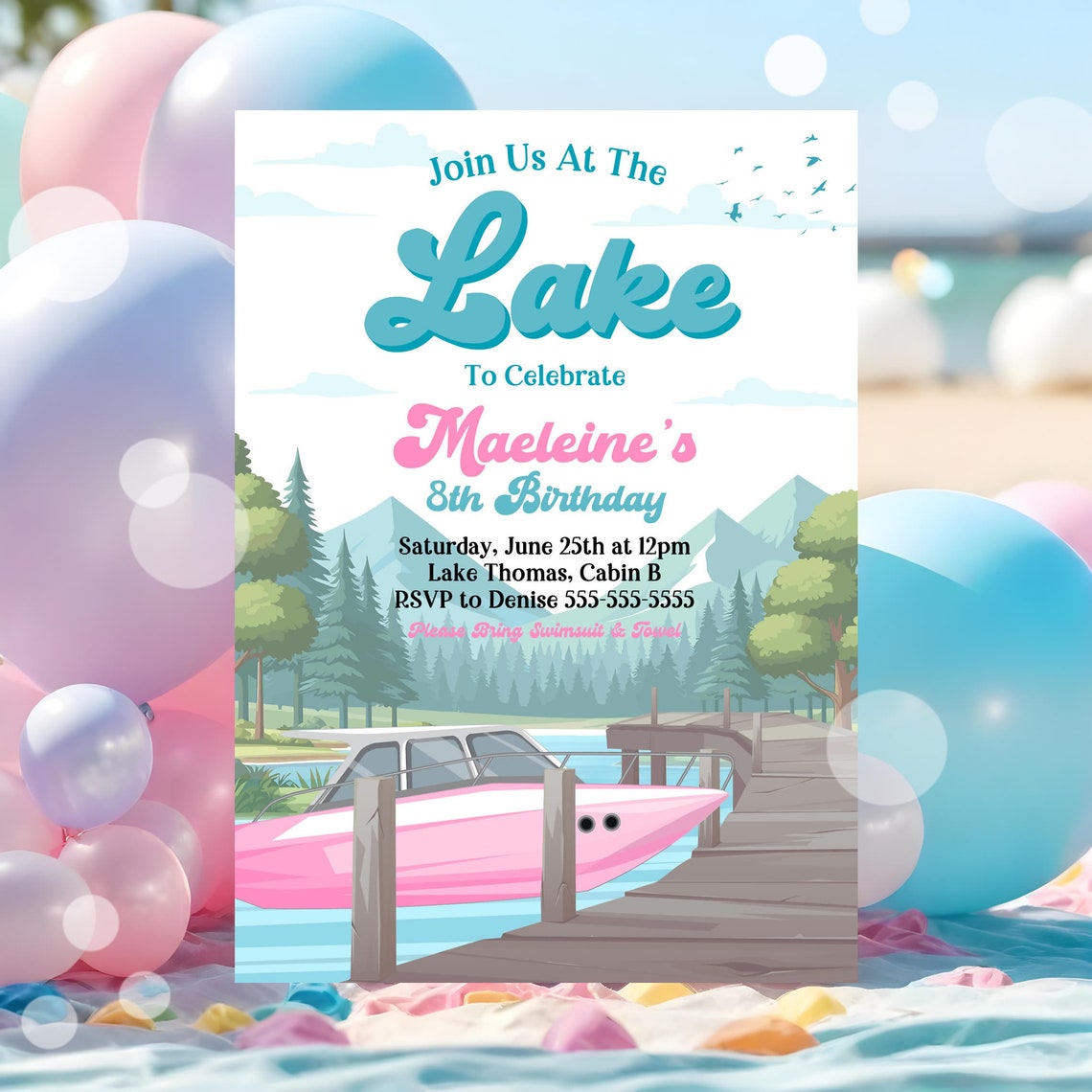 Girl's Lake Birthday Party Invitation Girl's Pink Boat Lake Birthday ...