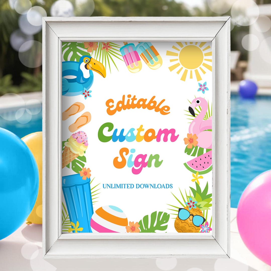 Tropical Pool Party Custom Sign Editable Printable Summer Birthday ...