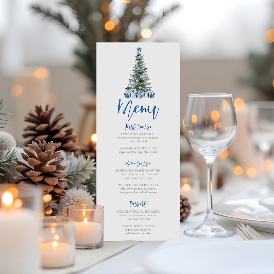 Blue Christmas Menu Template Editable Christmas Tree Dinner Party ...
