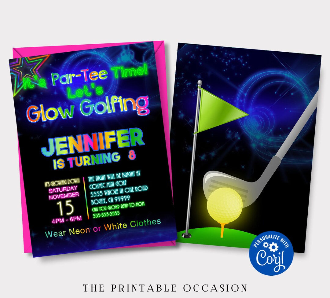 EDITABLE Glow Golf Invitations, Glow Golf Birthday Party, Golf ...