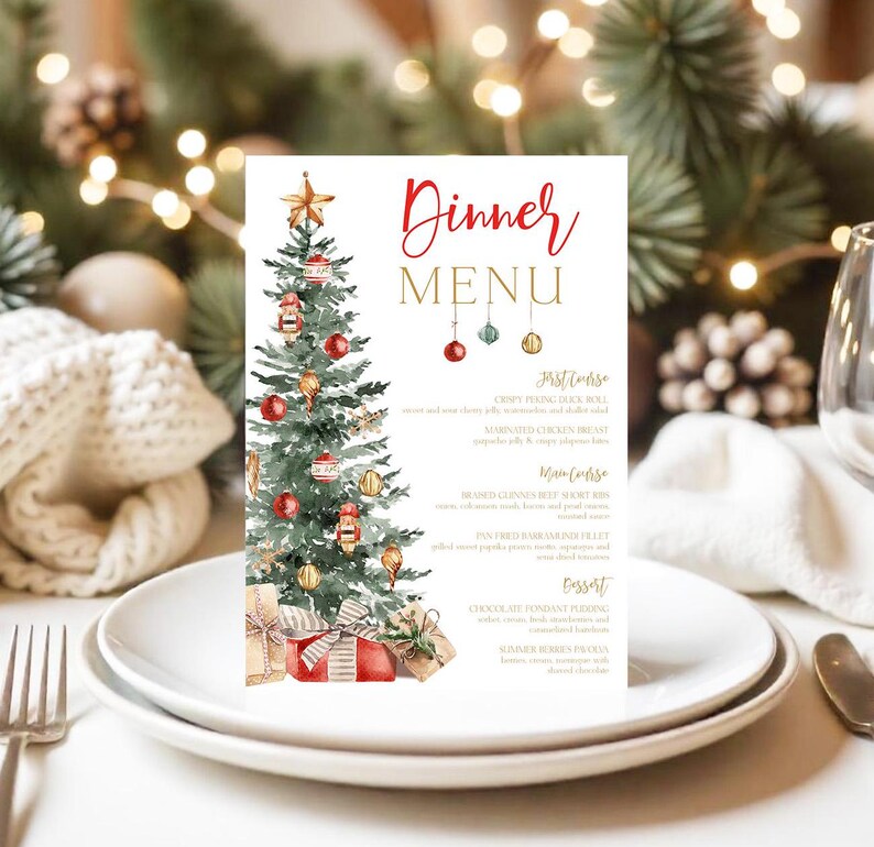 Christmas Tree Menu Card Template Editable Christmas Holiday Menu Card ...