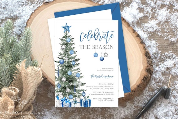 Celebrate The Season Christmas Party Invitation Template, Blue Silver ...