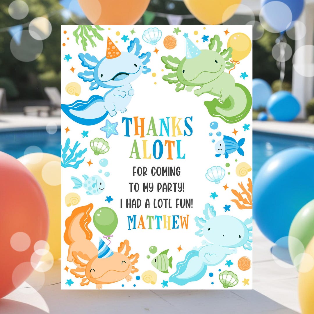 Boy Axolotl Thank You Card Template Axolotl Birthday Thank You Axolotl ...