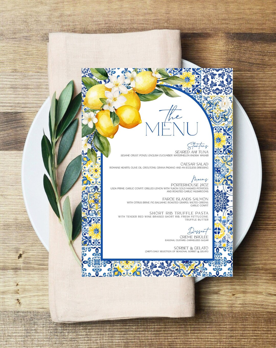 Italy Wedding Menu Template, Italy Wedding Menu Printable Blue Tiles ...