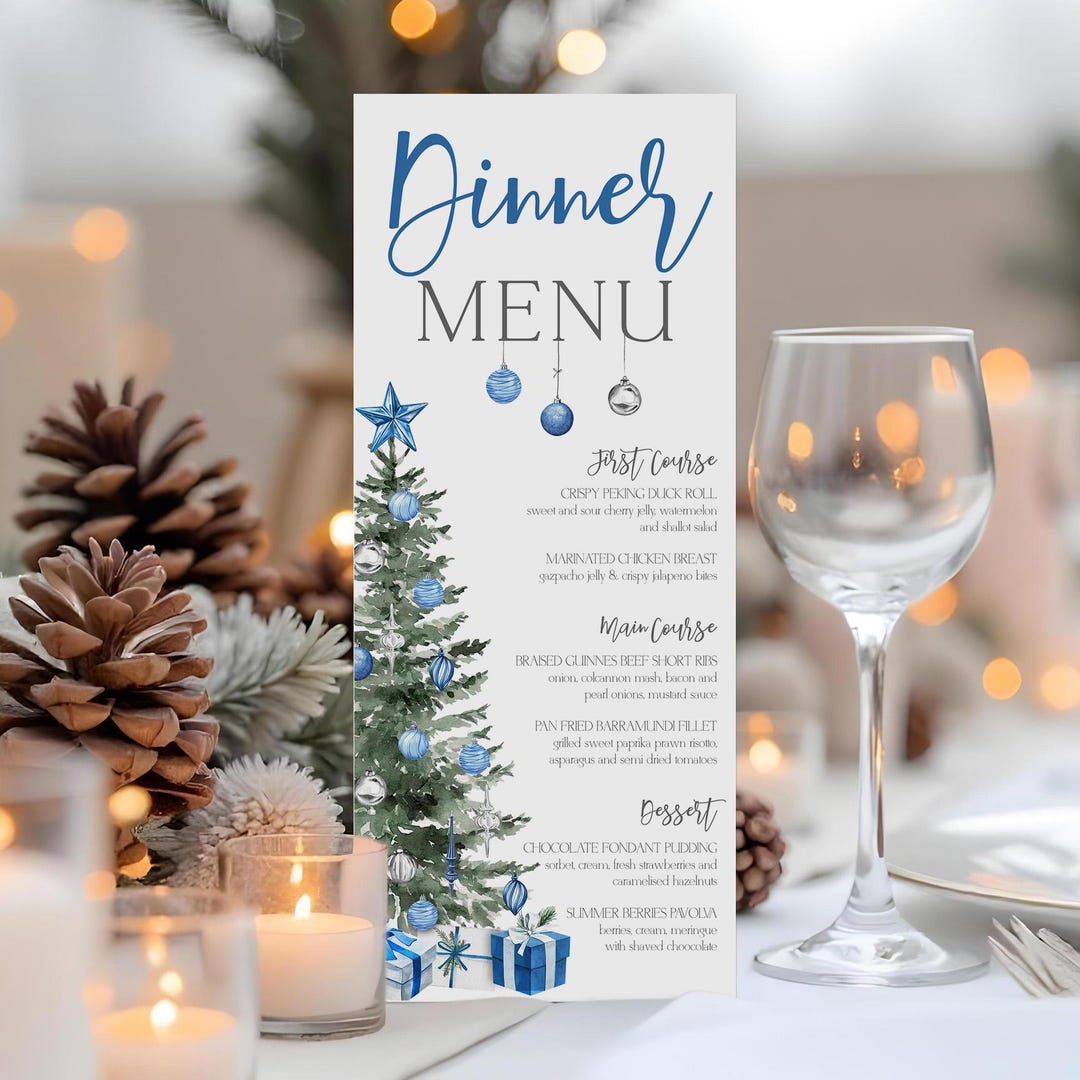 Editable Christmas Dinner Menu Template Blue Silver Christmas Tree Menu ...