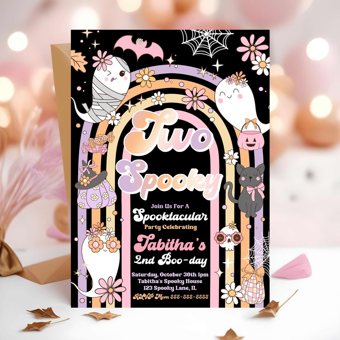 Editable Two Spooky Halloween Ghost 2nd Birthday Invitation Retro ...