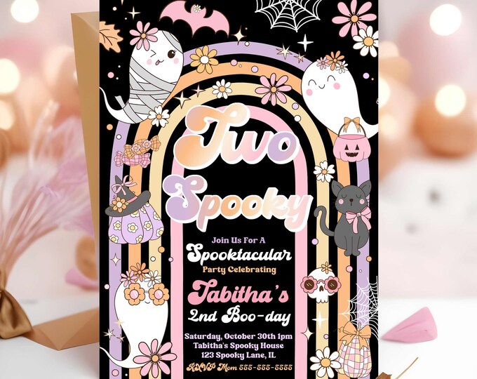 Editable Two Spooky 2nd Birthday Party Invitation Cute Pink Pastel ...