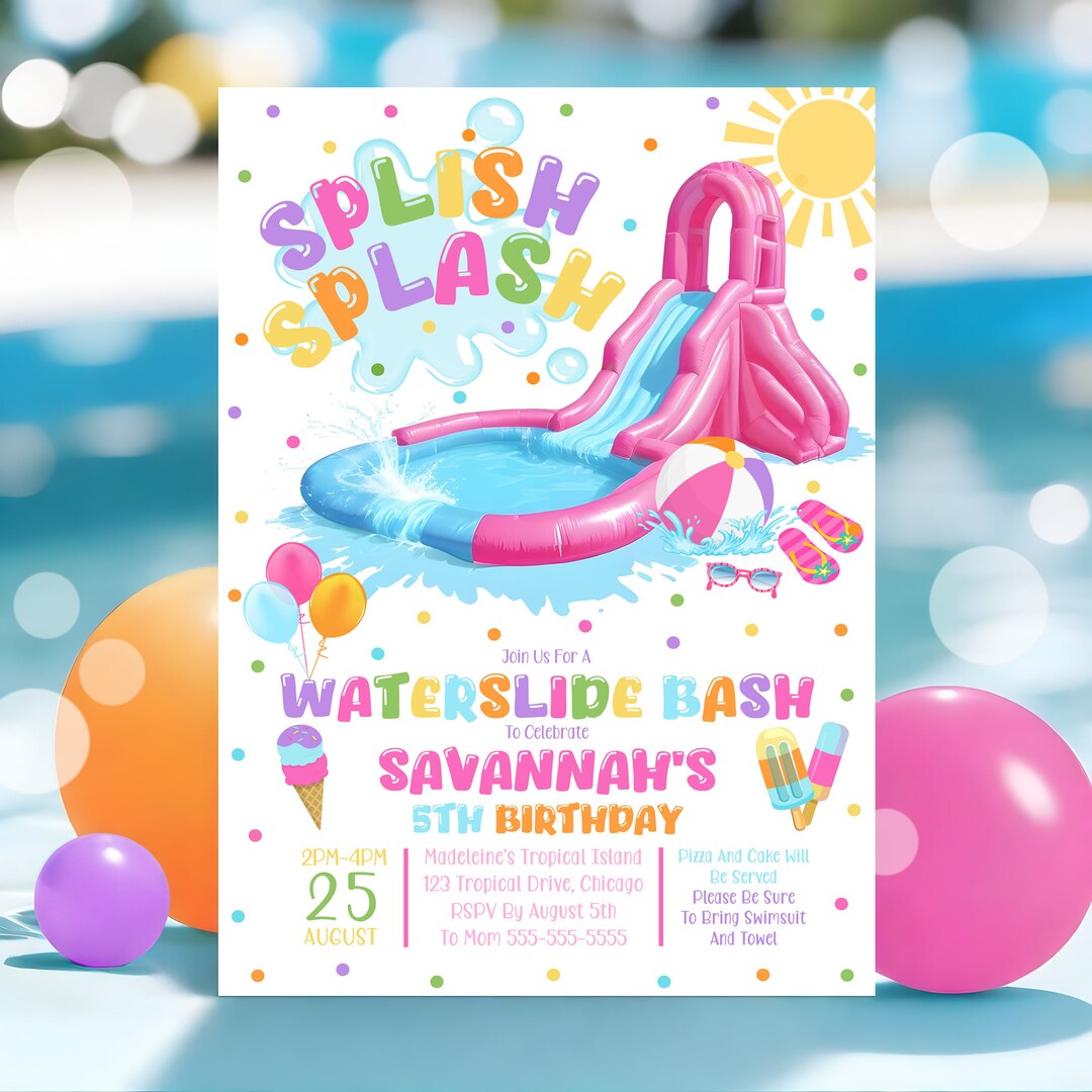 Printable Water Slide Birthday Splash Party Invitation Pink ANY AGE ...