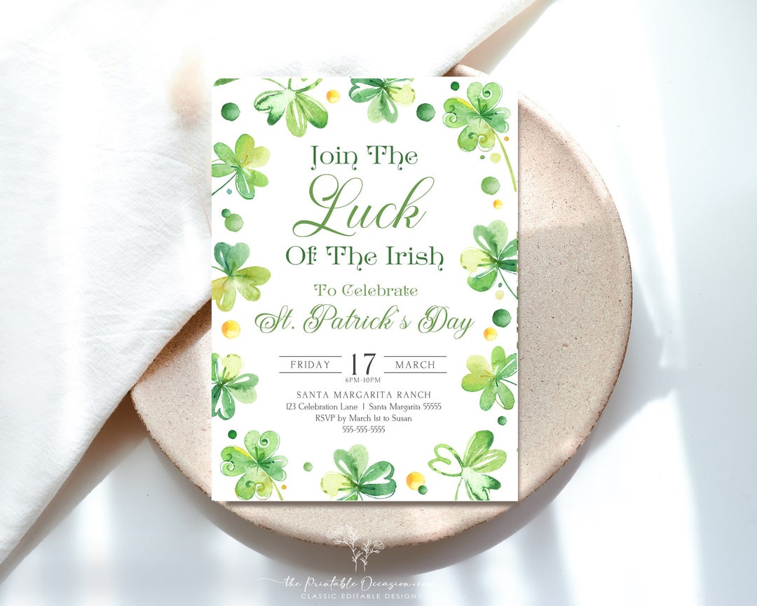 Shamrock St. Patrick's Day Invitation Template, Editable St. Patrick's ...