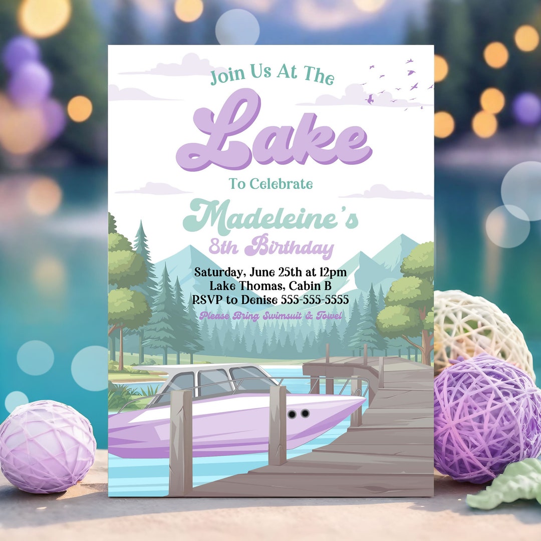 Girl's Lake Birthday Party Invitation Girl's Purple Boat Lake Birthday ...