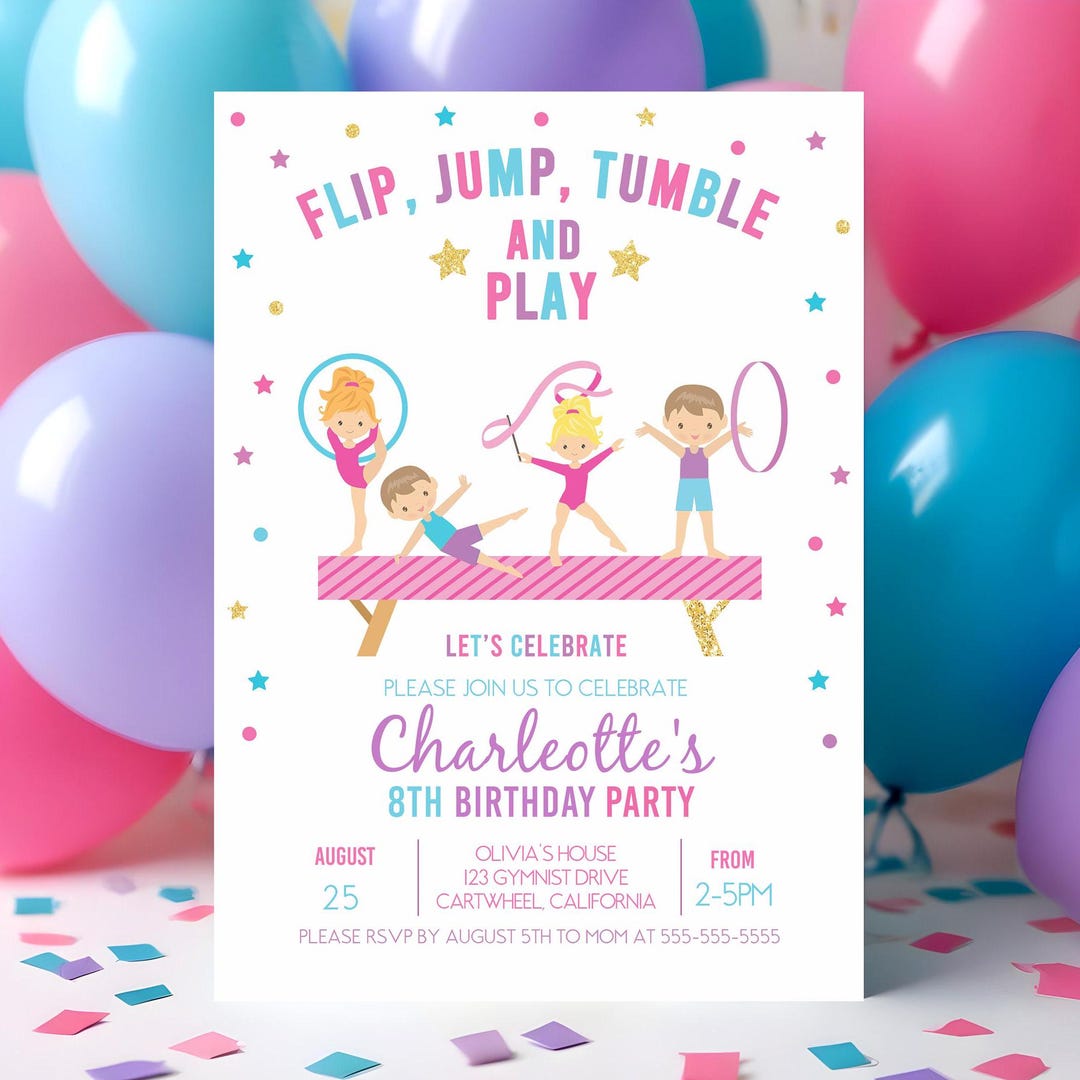 Editable Gymnastics Birthday Invitation Template Gymnastics Party ...
