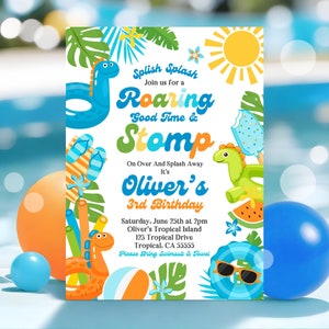 Editable Dinosaur Pool Party Invitation Dino Summer Splish Splash ...