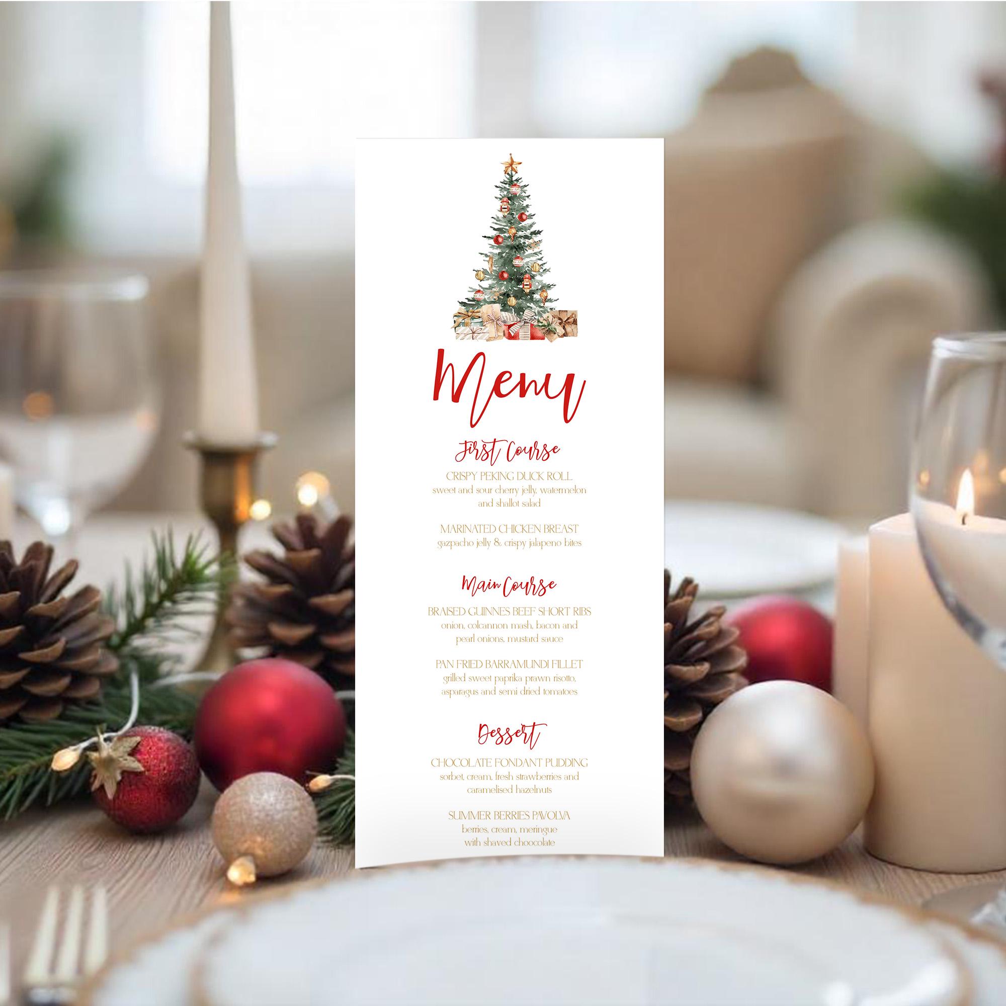 Christmas Tree Menu Card Template Red Gold Holiday Card Christmas Tree ...