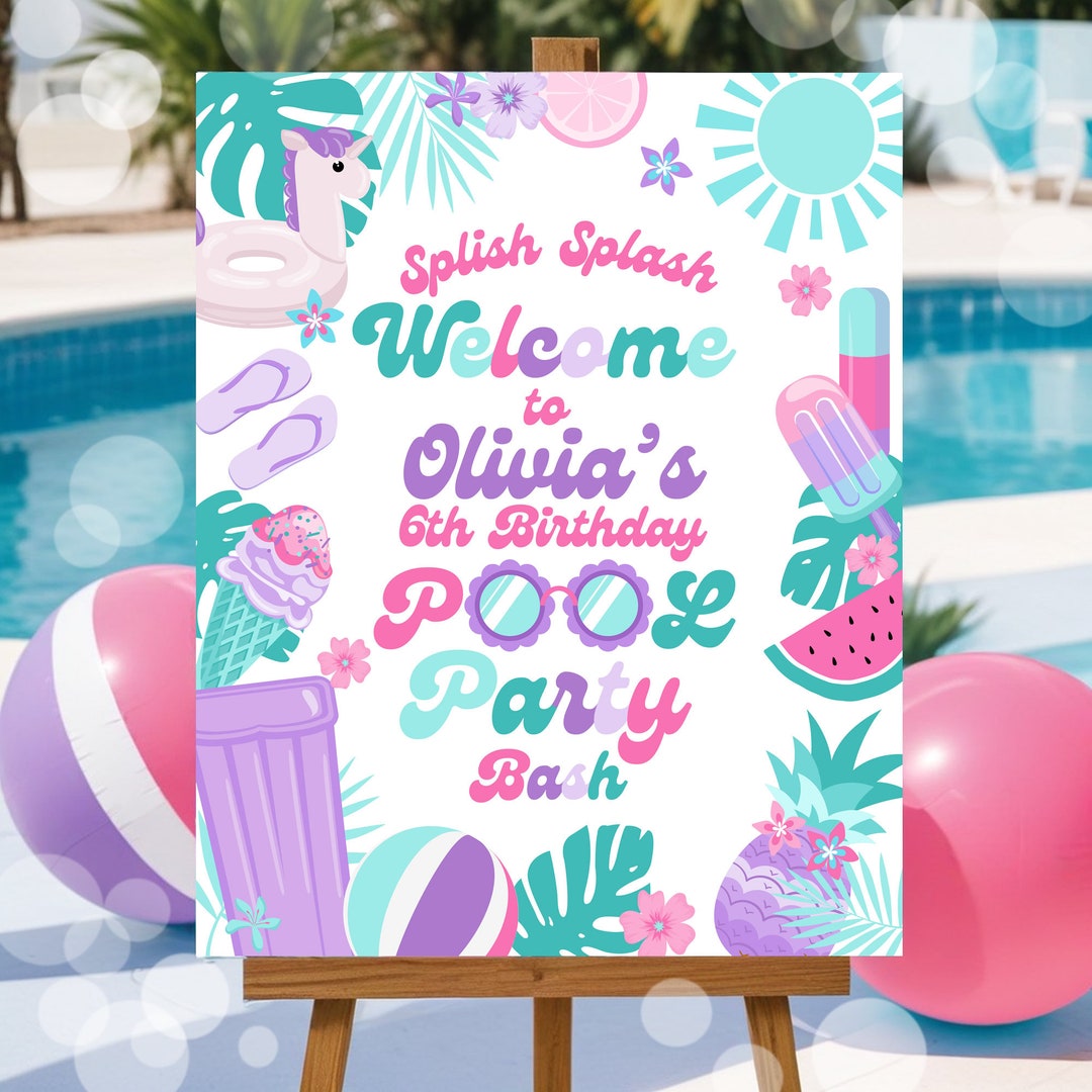 Editable Pool Party Welcome Sign Tropical Splish Splash Unicorn Pool ...