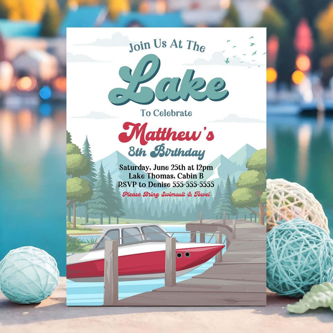 Boy's Editable Lake Birthday Party Invitation Red Boat Lake Birthday ...