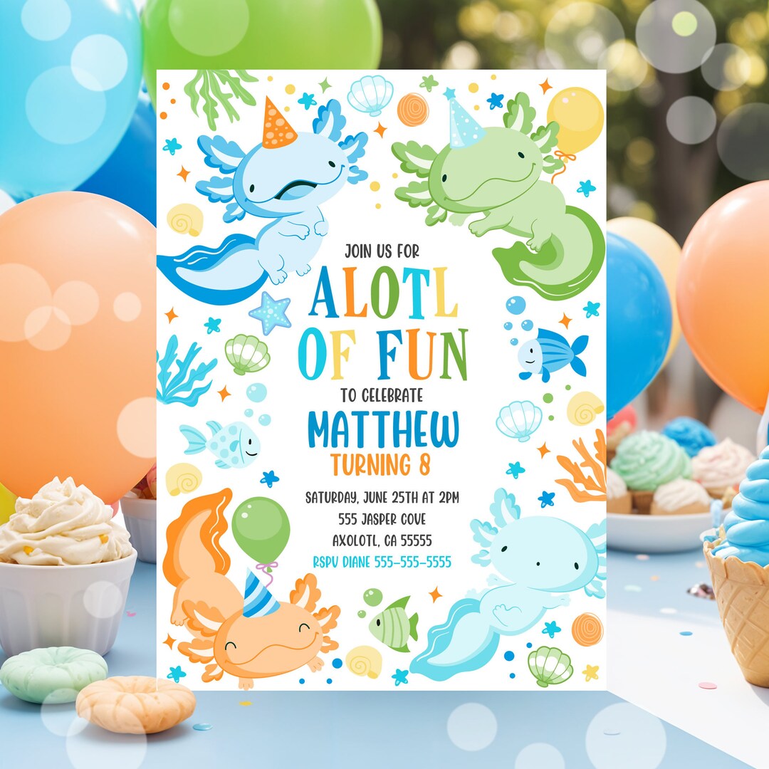 Editable Axolotl Birthday Party Invitation Cute Axolotl Lake Fish ...