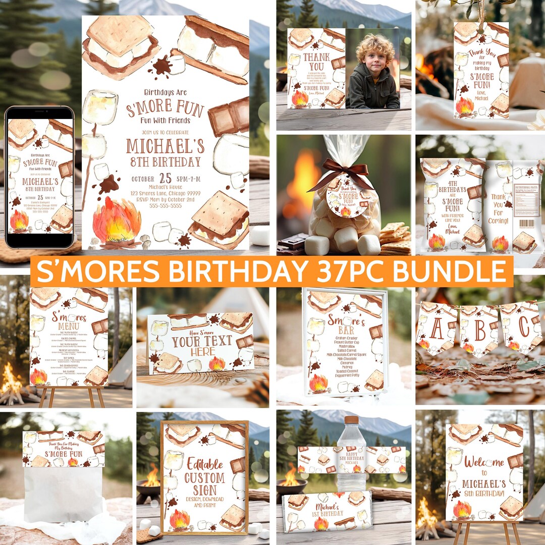 Smores Birthday Invitation Bundle Boys Smores Invitation Template ...