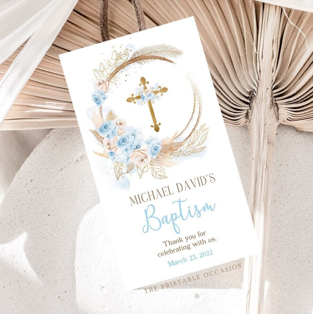 Editable Pampas Grass Boho Baptism Favor Tag Bohemian Muted Tone ...