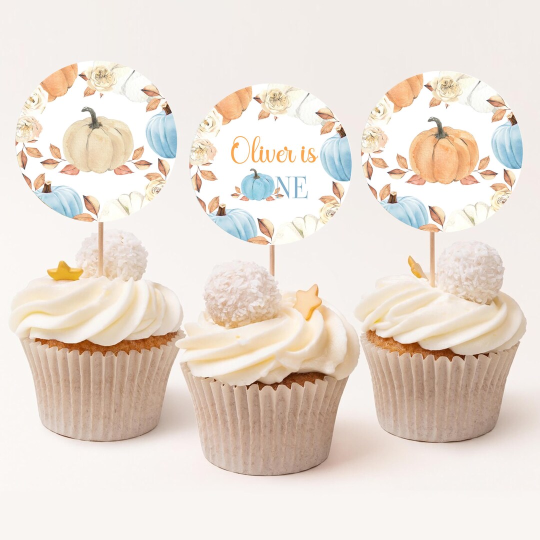 EDITABLE Pumpkin Cupcake Toppers, Printable Pumpkin Boy's Blue Pumpkin ...