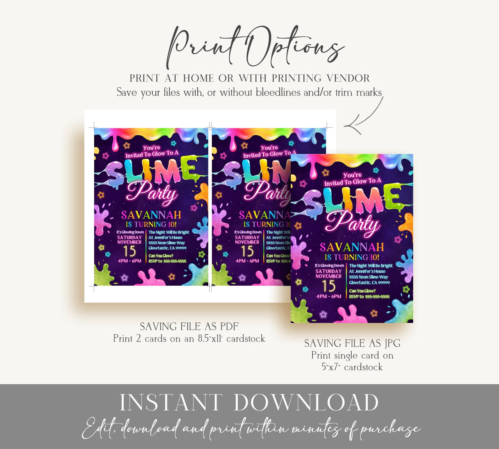 Editable Slime Invitation Glow Slime Party Invitation Template Slime ...