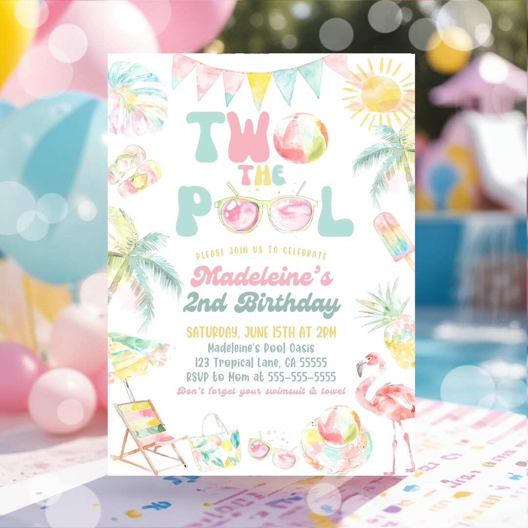 Editable Two the Pool 2nd Birthday Pool Party Invitation Girl Pink Mint ...
