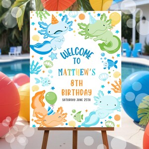 Axolotl Birthday Party Welcome Poster Boy Axolotl Welcome Sign Canva ...