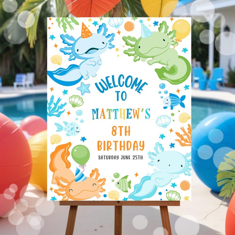 Editable Axolotl Birthday Welcome Sign Boy Under the Sea Party Poster ...
