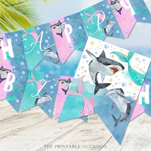 EDITABLE Shark and Mermaid Birthday Banner, Printable Sharks and ...