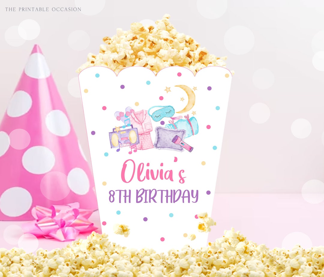 Slumber Party Popcorn Box, Editable Sleepover Birthday Popcorn, Box ...