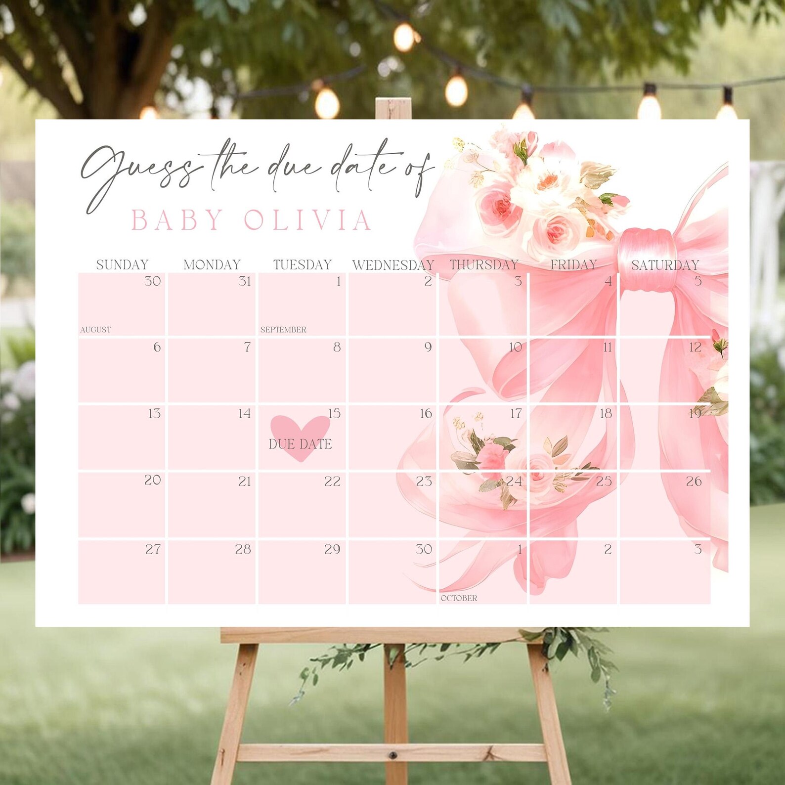 Pink Bow Baby Shower Due Date Calendar Sign Baby Coquette Bow Arrival ...