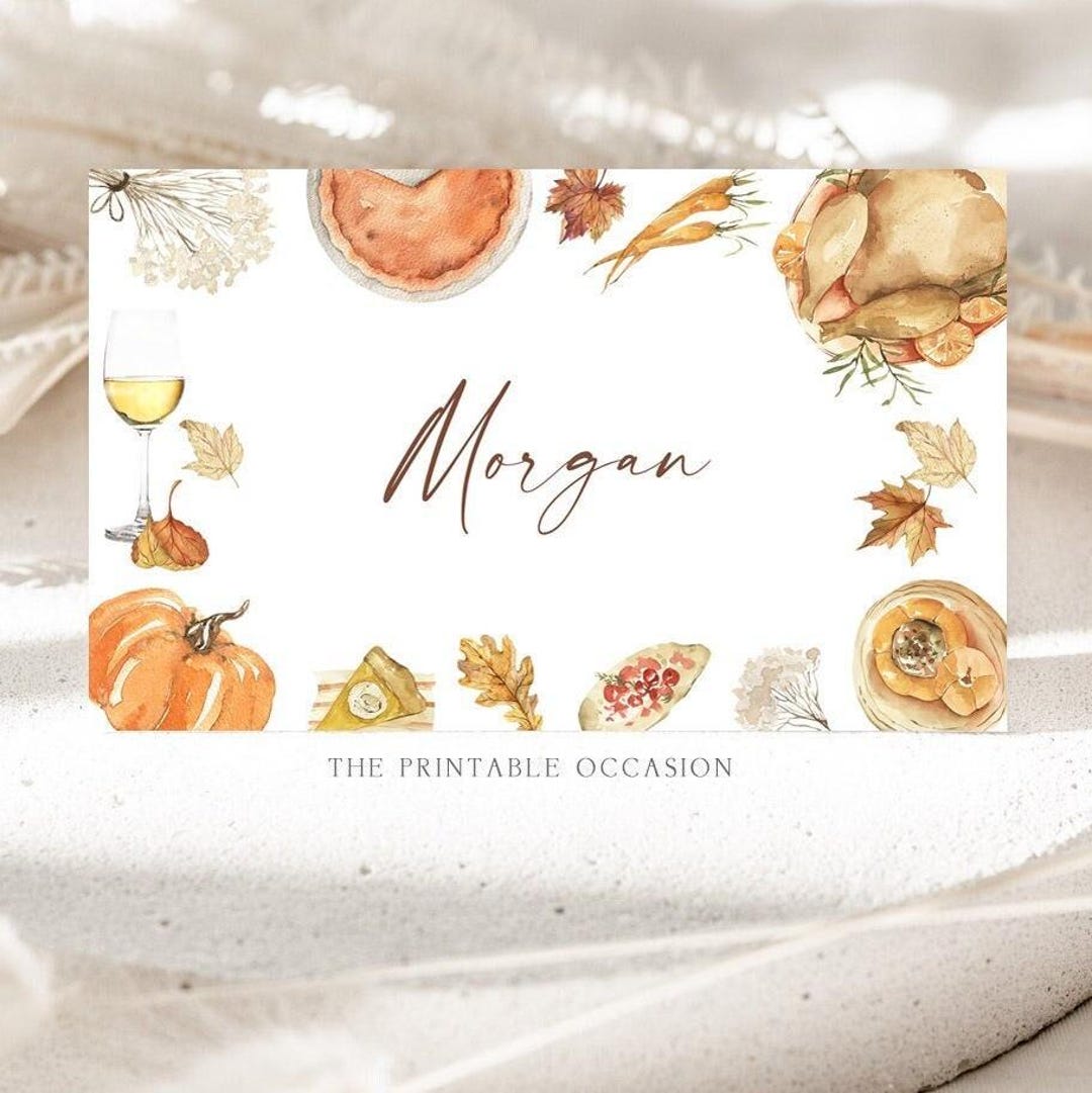 Thanksgiving Name Card Tent Template Pumpkin Floral Place Card ...
