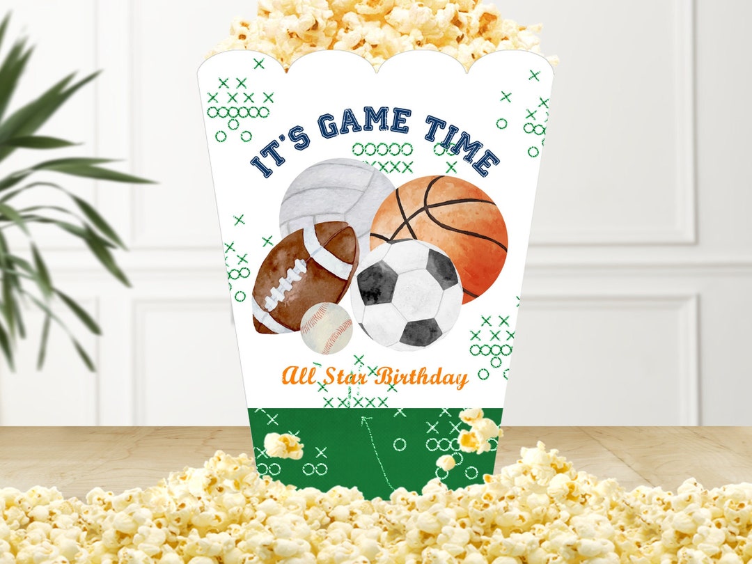 Sports Popcorn Box, Sports Birthday Party Printable Popcorn Box ...